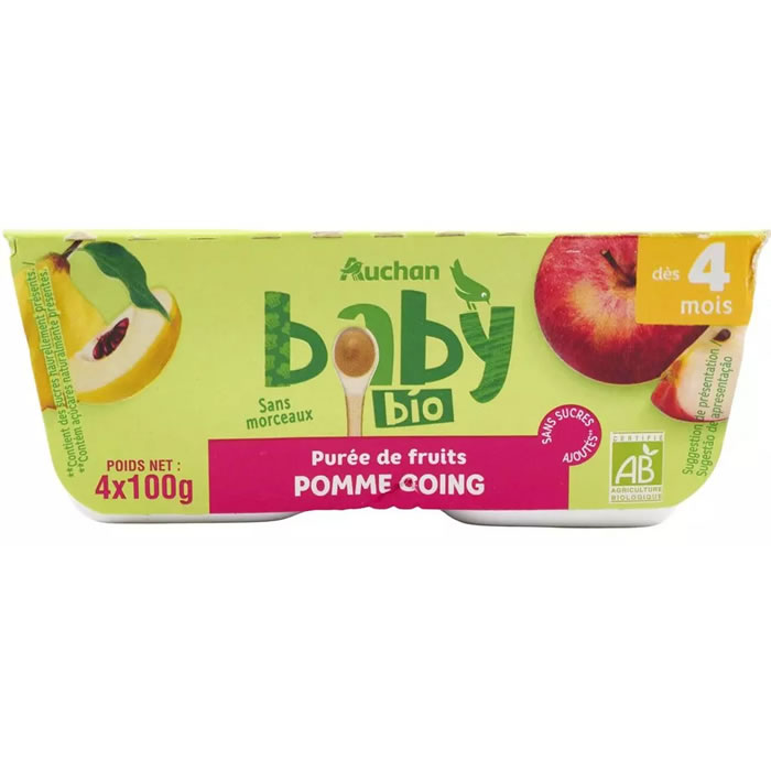 AUCHAN : Baby - Dessert pomme et coing sans sucres ajoutés bio dès 4 mois