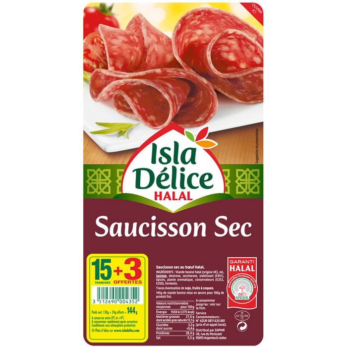 ISLA DELICE : Saucisson sec pur bœuf en tranche halal : 144 g ...