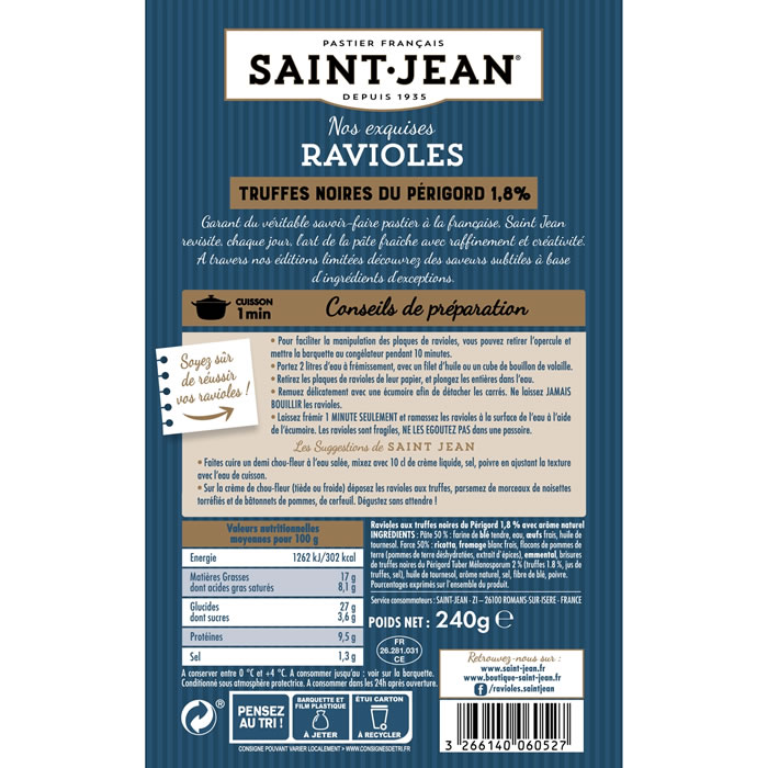 SAINT JEAN : Ravioles aux truffes noires du Périgord : 240 g ...